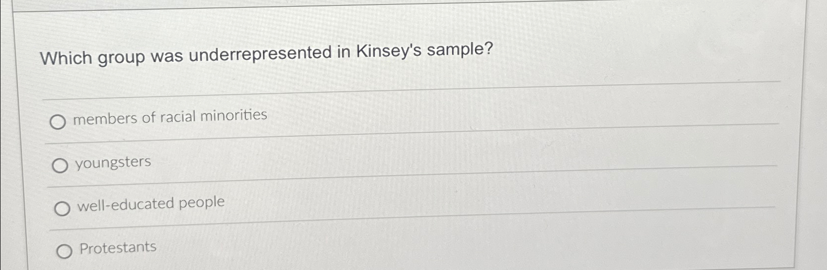 Solved Which group was underrepresented in Kinsey's | Chegg.com