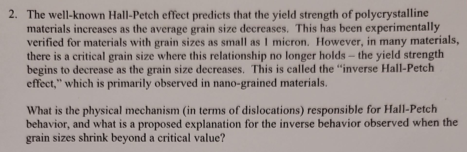 Solved 2. The well-known Hall-Petch effect predicts that the | Chegg.com