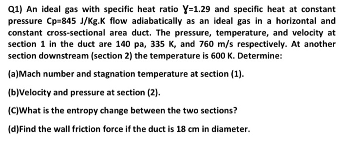 Solved Q1) An ideal gas with specific heat ratio Y=1.29 and | Chegg.com