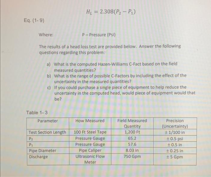 Solved 4. The head or energy loss in a pipeline due to | Chegg.com
