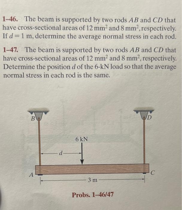 Solved 1-46. The beam is supported by two rods AB and CD | Chegg.com