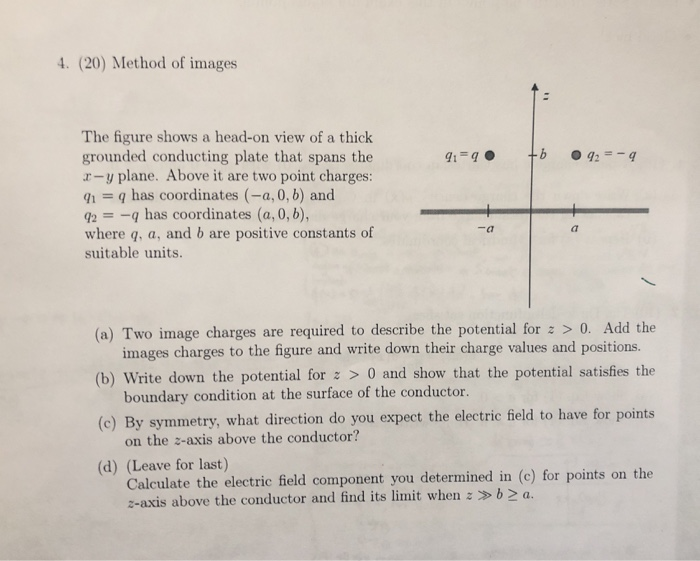 Solved 4. (20) Method of images 9:=1 tb 92 = -9 The figure | Chegg.com
