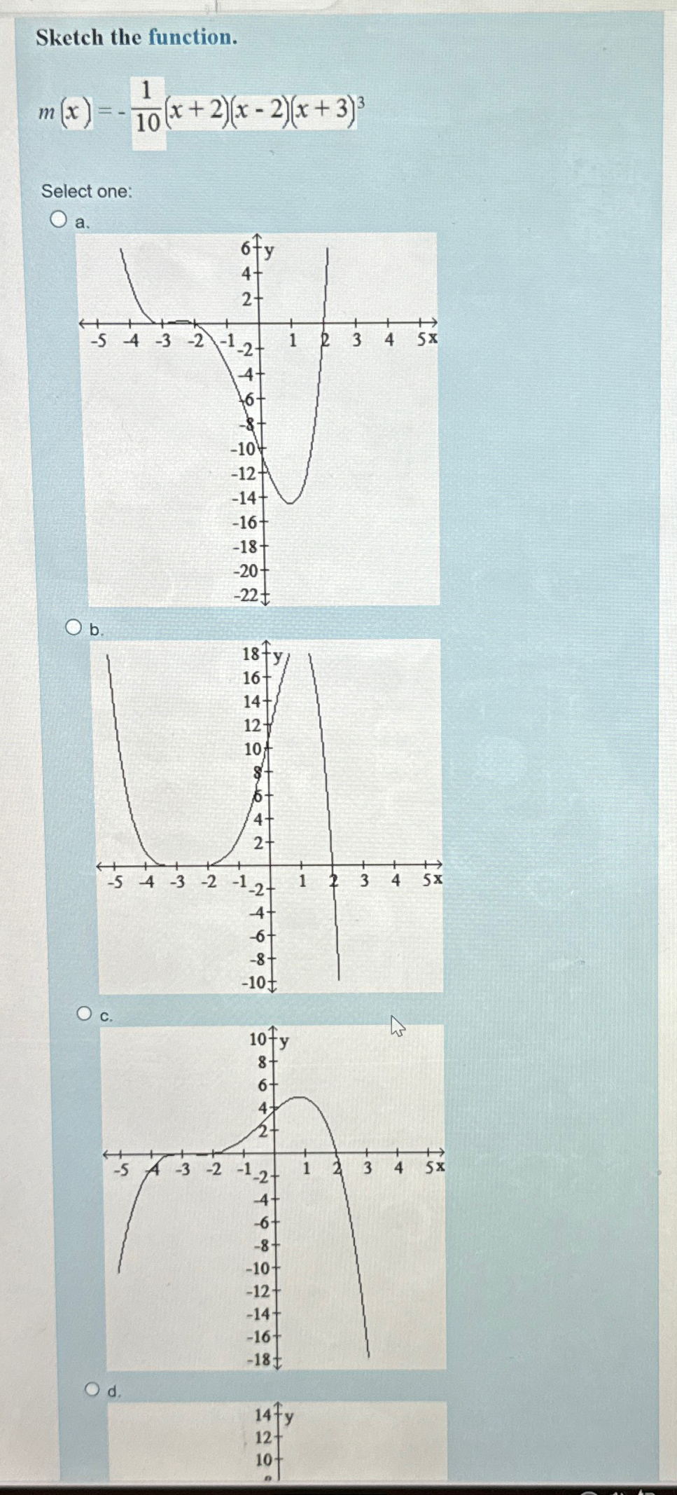 Solved Sketch the function.m(x)=-110(x+2)(x-2)(x+3)3Select | Chegg.com