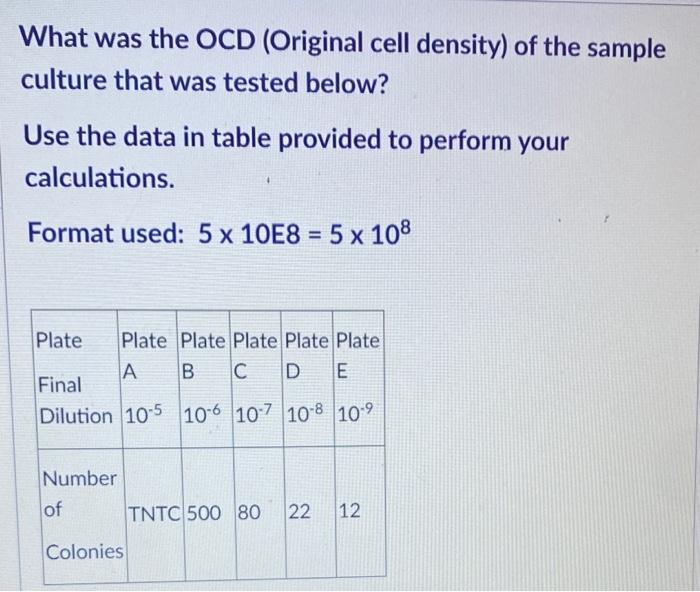 What was the OCD (Original cell density) of the | Chegg.com