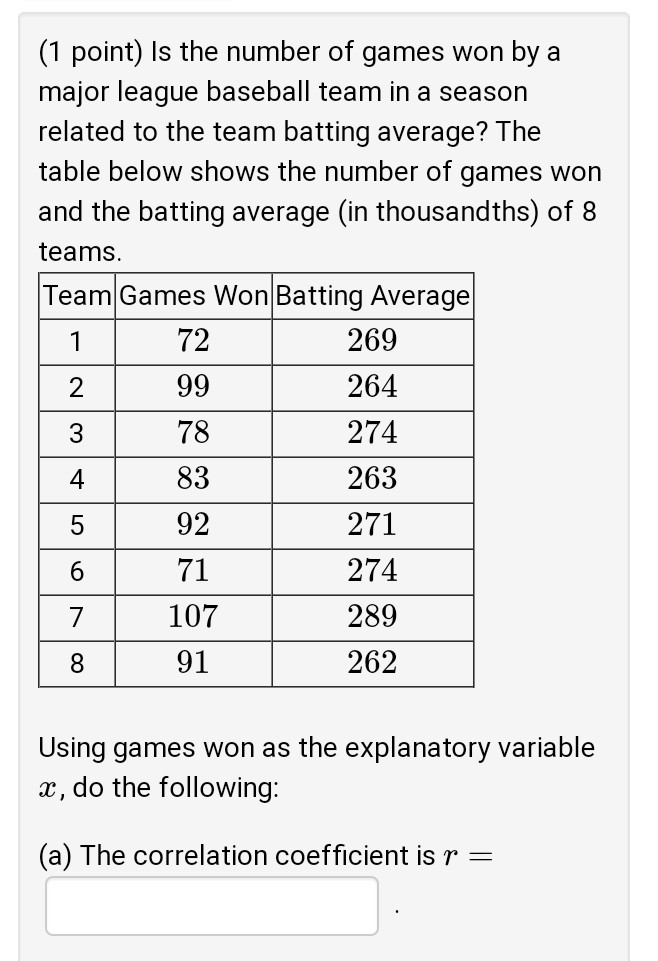 Solved (1 point) Is the number of games won by a major | Chegg.com