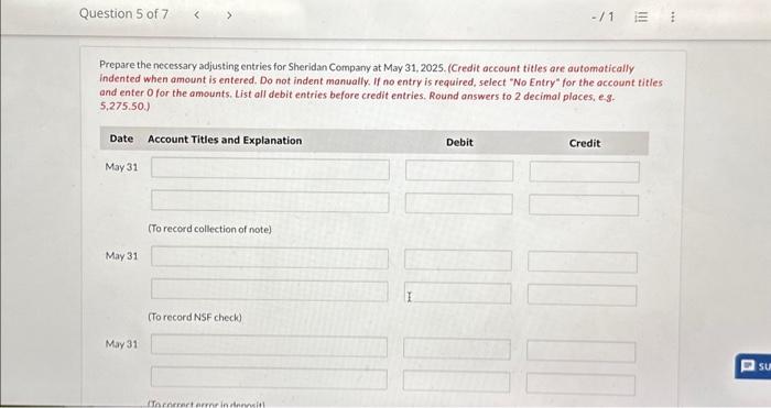 Solved Question 5 of 7 −/1⋮≡ Adiusted cash balance per books | Chegg.com