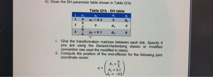Solved b) Given the DH parameter table shown in Table Q1b: | Chegg.com