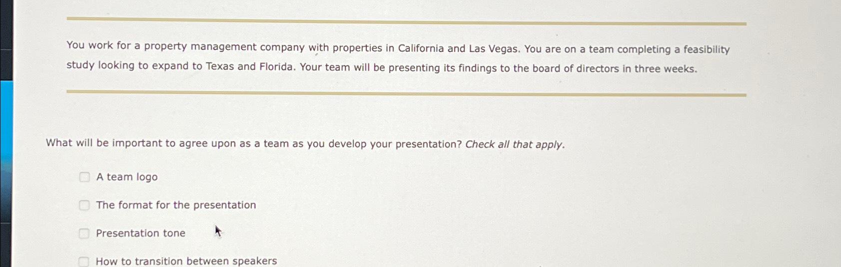 Solved You work for a property management company with | Chegg.com