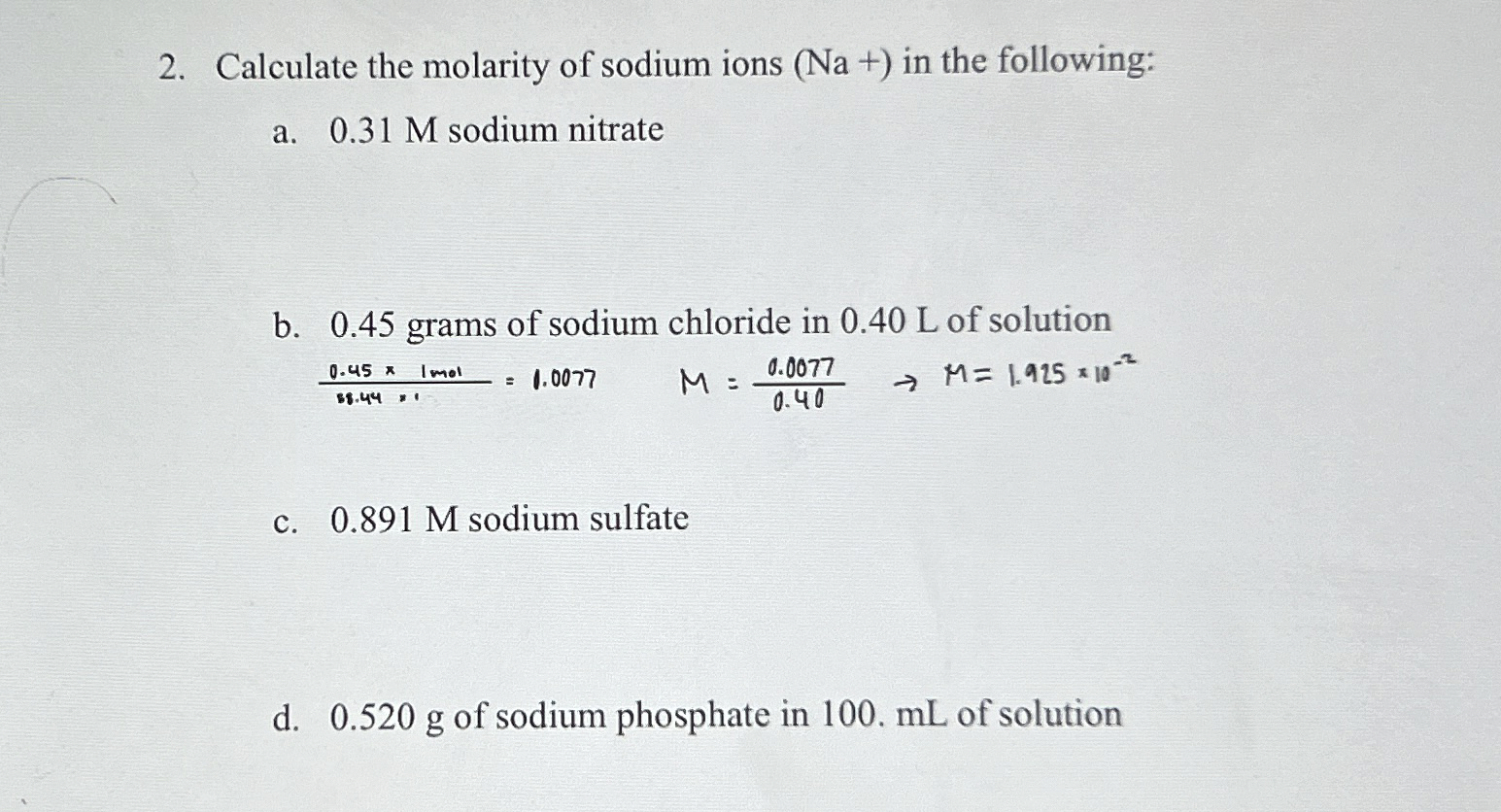 Solved Calculate the molarity of sodium ions (Na+) ﻿in the | Chegg.com