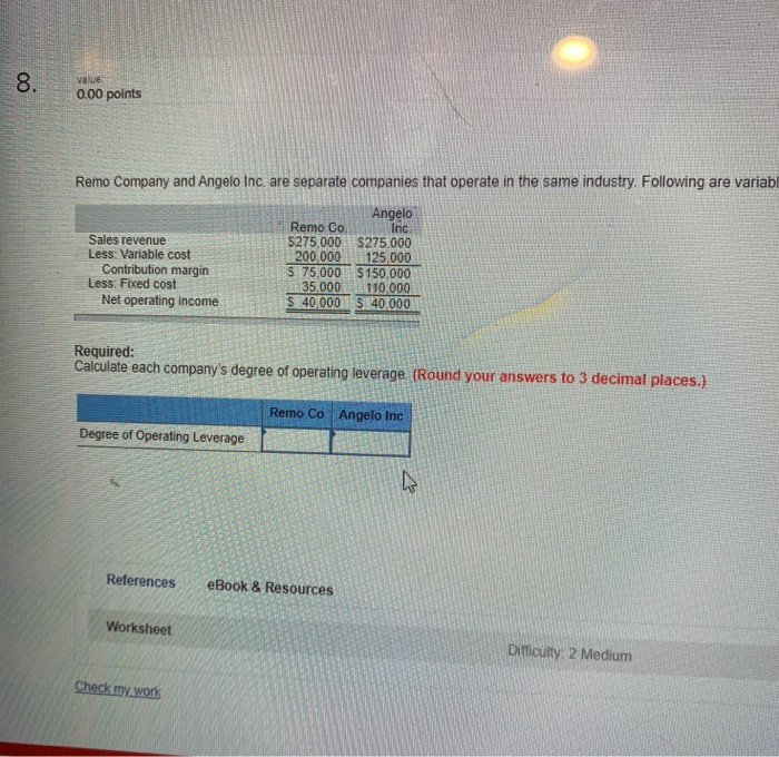 Solved 8. value 0.00 points Remo Company and Angelo Inc. are | Chegg.com