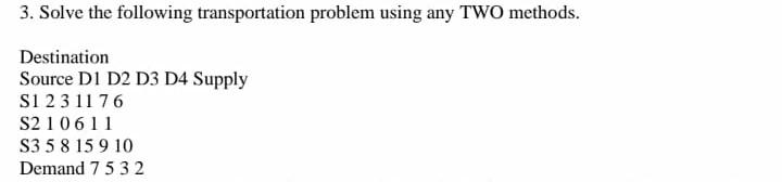 Solved 3. Solve the following transportation problem using | Chegg.com