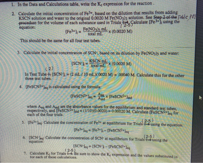 Solved 1. In the Data and Calculations table, write the Kc | Chegg.com