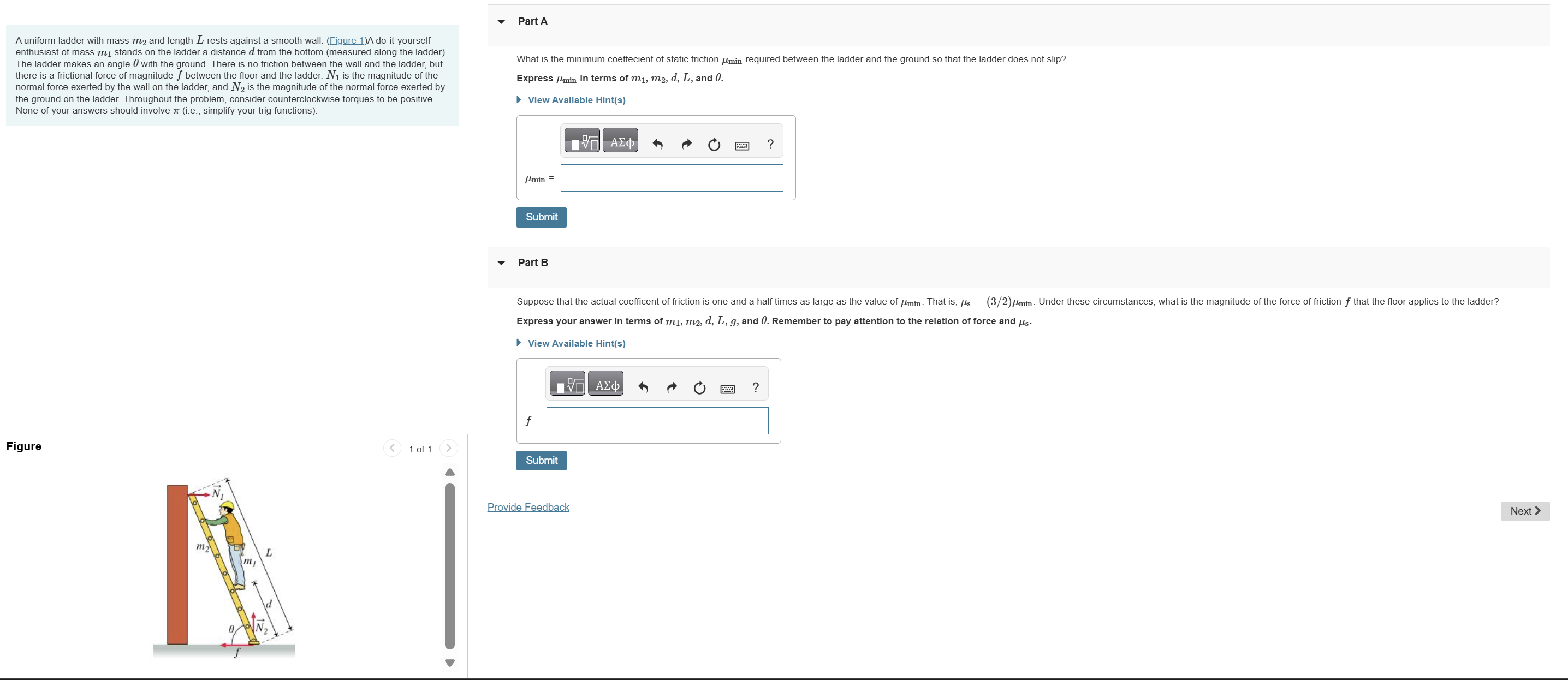 A uniform ladder with mass m2 ﻿and length L ﻿rests | Chegg.com