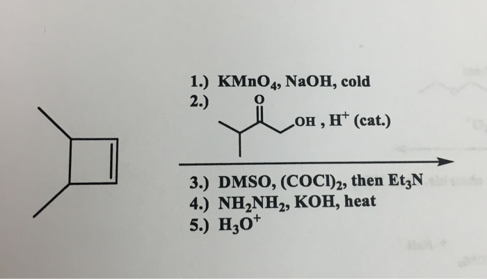 Solved 1.) KMnO4, NaOH, cold OH, H+ (cat.) 3.) DMSO, | Chegg.com