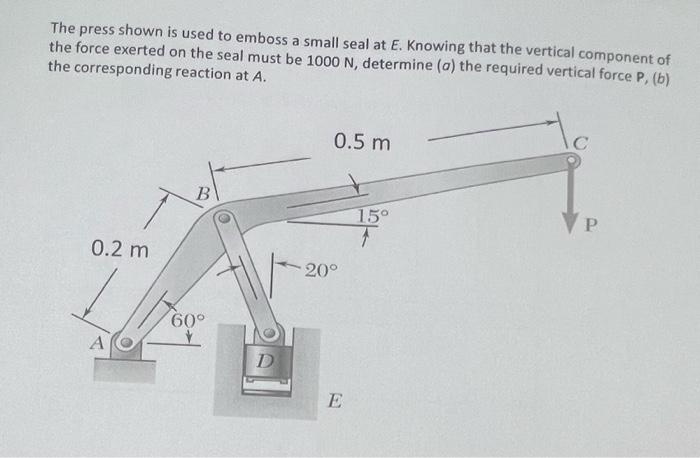 Solved The press shown is used to emboss a small seal at E. | Chegg.com