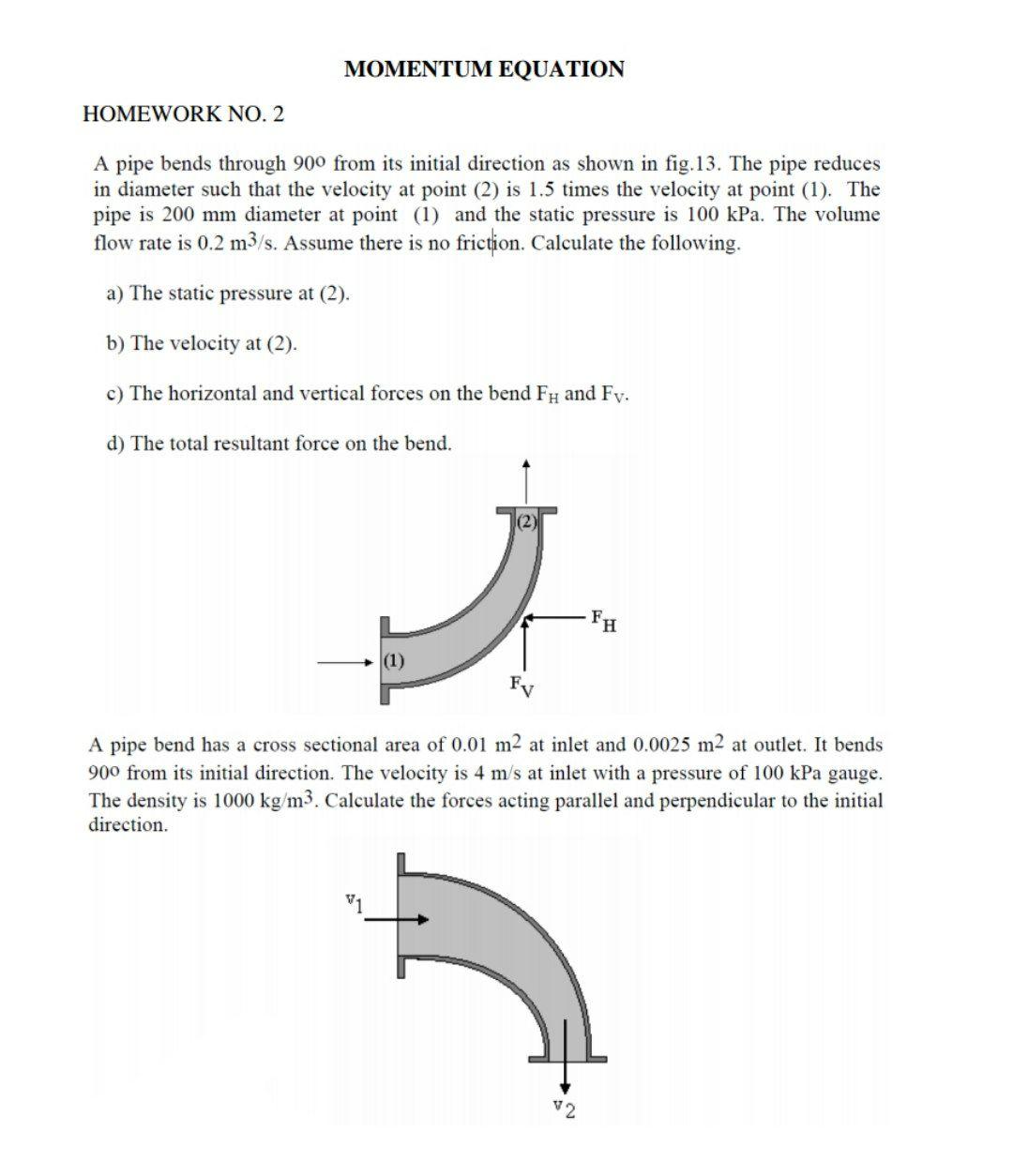 Solved MOMENTUM EQUATION HOMEWORK NO. 2 A pipe bends through | Chegg.com