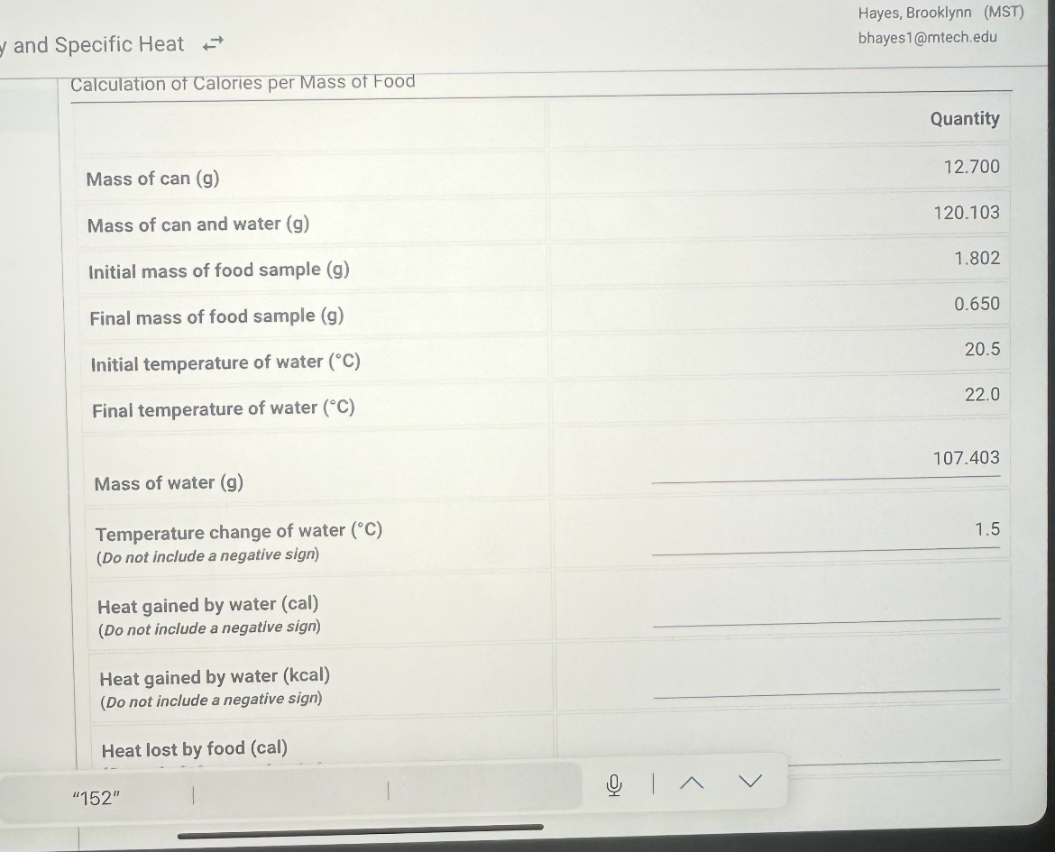 Solved Need heat gained by water (cal)Need heat gained by | Chegg.com