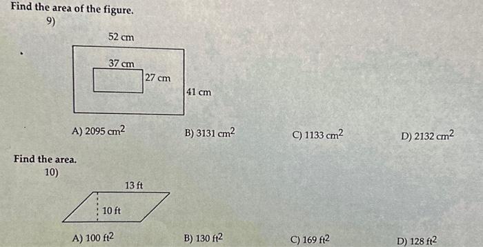 Find the area of the figure. 9) A) 2095 cm2 B) 3131 | Chegg.com