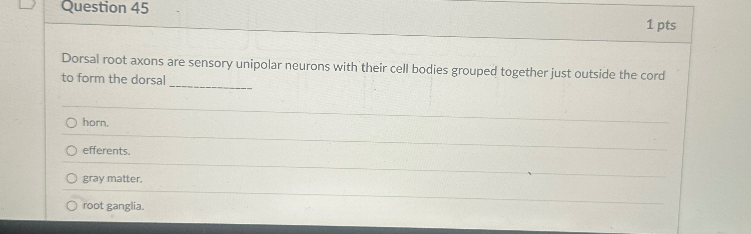 Solved Question 451 ﻿ptsDorsal root axons are sensory | Chegg.com