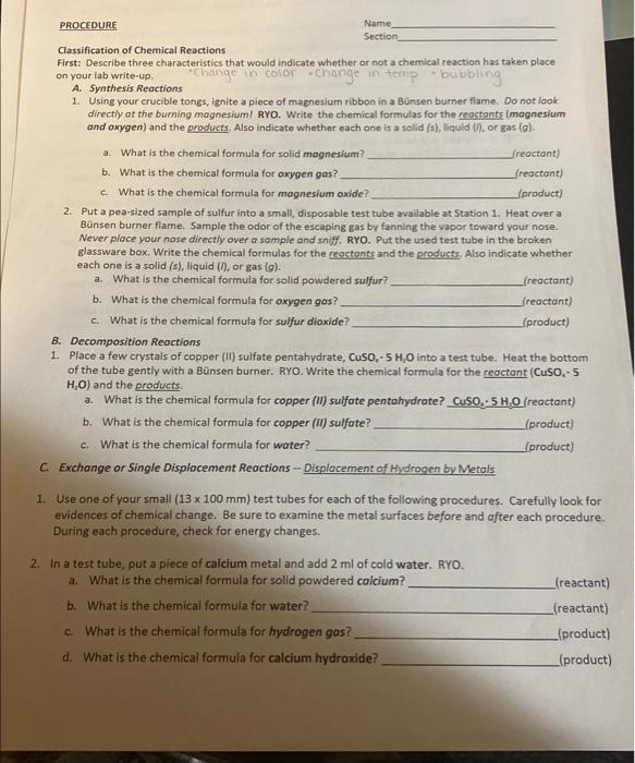 Solved Classification of Chemical Reactions First: Describe | Chegg.com