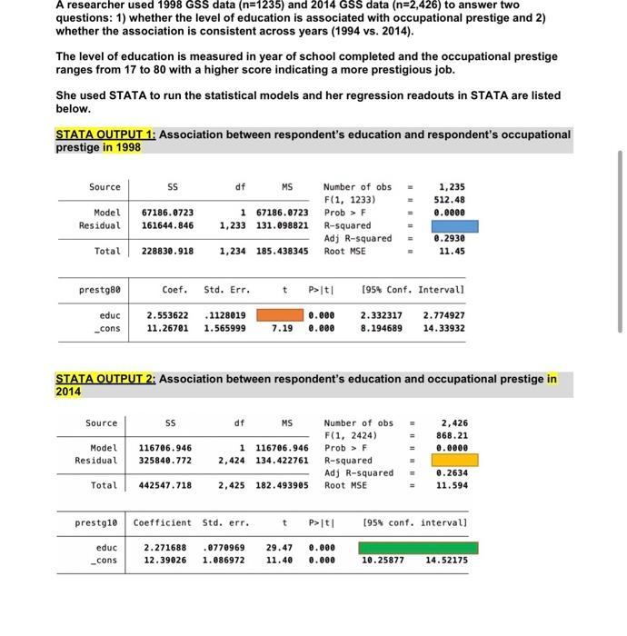 Solved A researcher used 1998 GSS data (n=1235) and 2014 GSS | Chegg.com