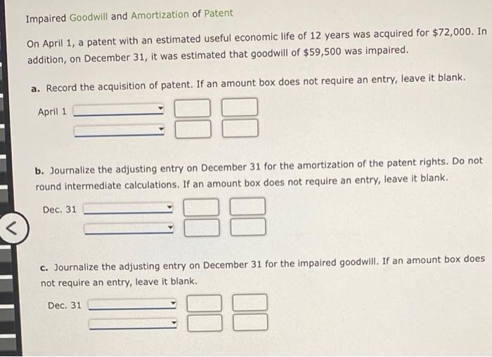 Solved Impaired Goodwill and Amortization of Patent On April | Chegg.com