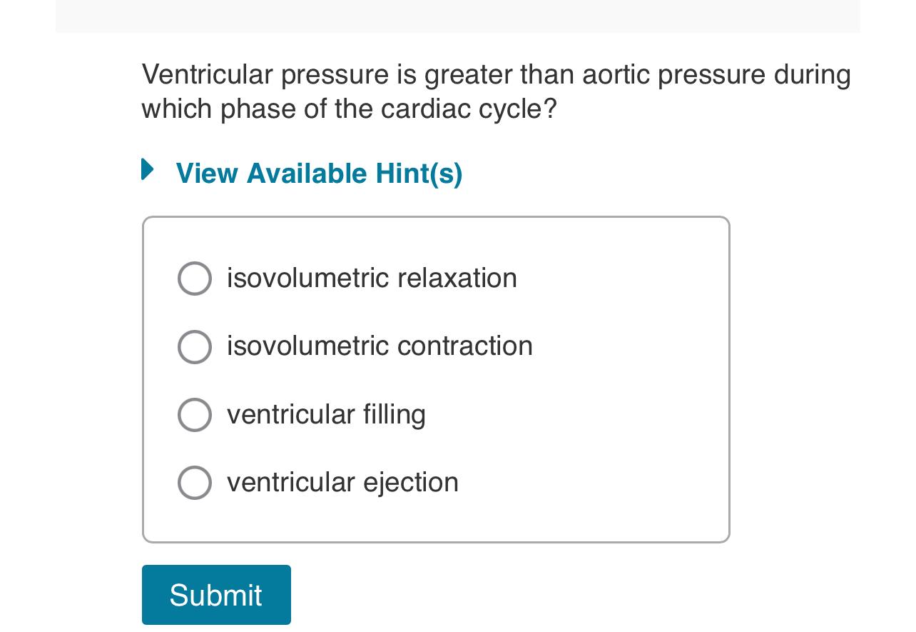Solved Ventricular pressure is greater than aortic pressure | Chegg.com