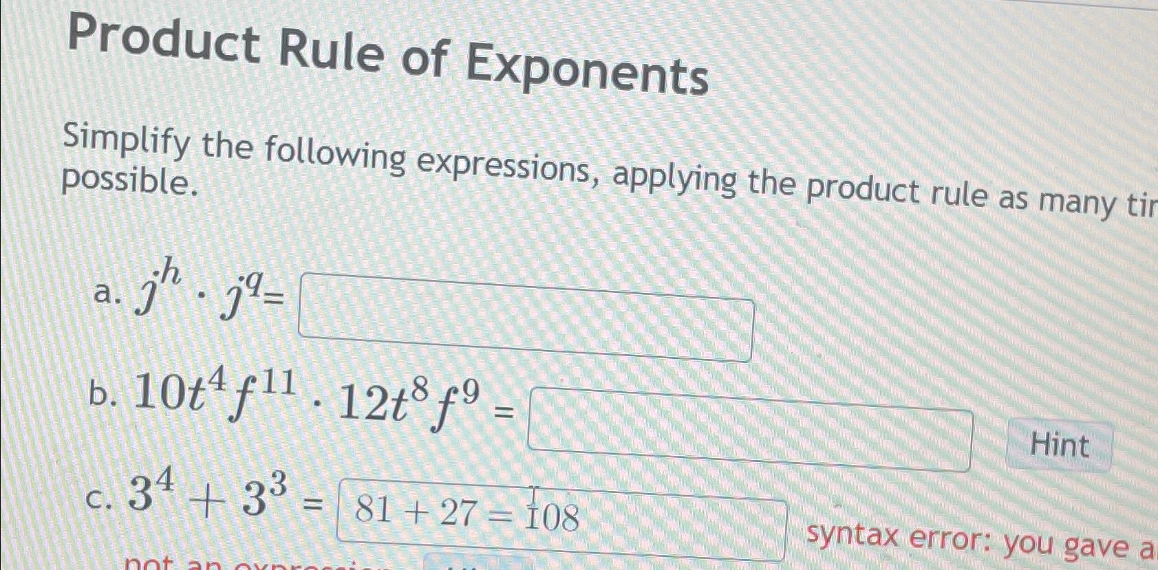 Solved Product Rule of ExponentsSimplify the following | Chegg.com