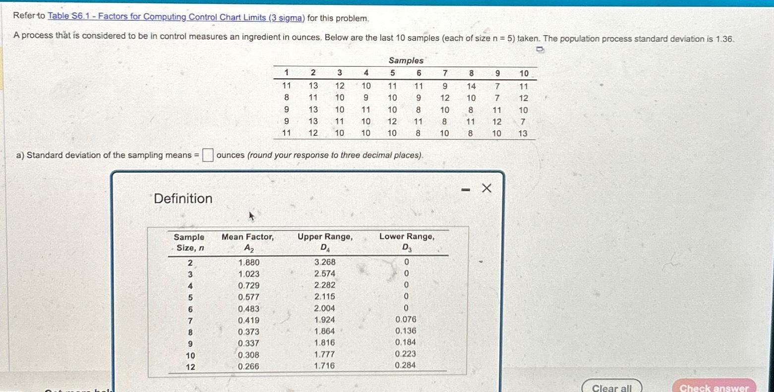 Solved Refer to Table S6.1 - ﻿Factors for Computing Control | Chegg.com