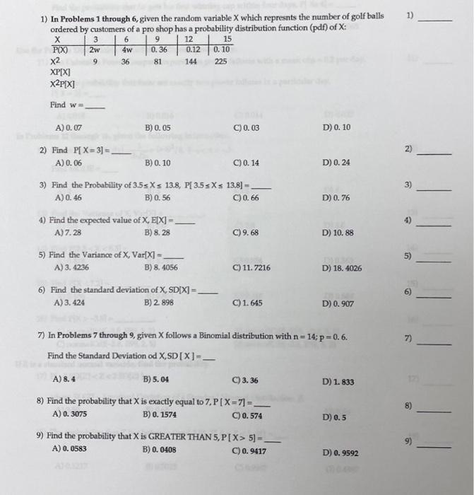 Solved 1) In Problems 1 through 6, given the random variable | Chegg.com