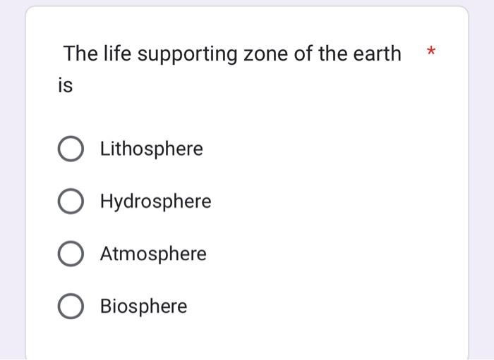 Solved The life supporting zone of the earth * is | Chegg.com