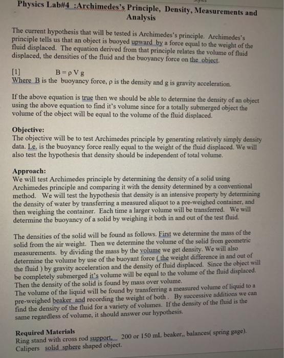 Solved Physics Lab#4 Archimedes's Principle, Density, | Chegg.com