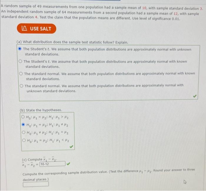 Solved random sample of 49 measurements from one population | Chegg.com Solved random sample of 49 measurements from one population | Chegg.com