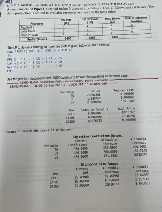 Solved [100] LINDO MODEL & SOLUTION (PARTS OF LINDO OUTPUT | Chegg.com