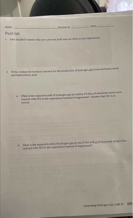 Solved Name: Section Date Data Collecting hydrogen gas from | Chegg.com