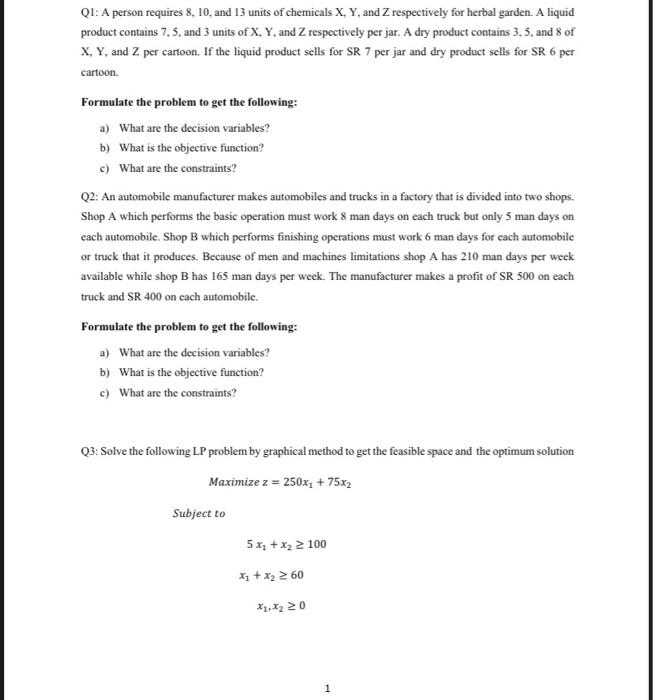 Solved Q1: A person requires 8,10 , and 13 units of | Chegg.com