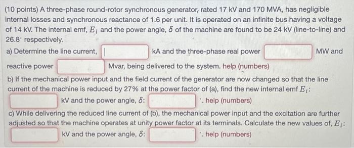 Solved (10 points) A three-phase round-rotor synchronous | Chegg.com
