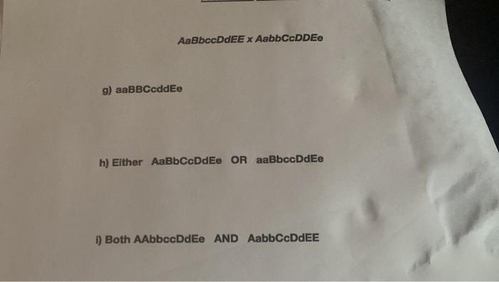 Solved AaBbccDdEE X AabbCcDDE g) aaBBCcddEe h) Either | Chegg.com