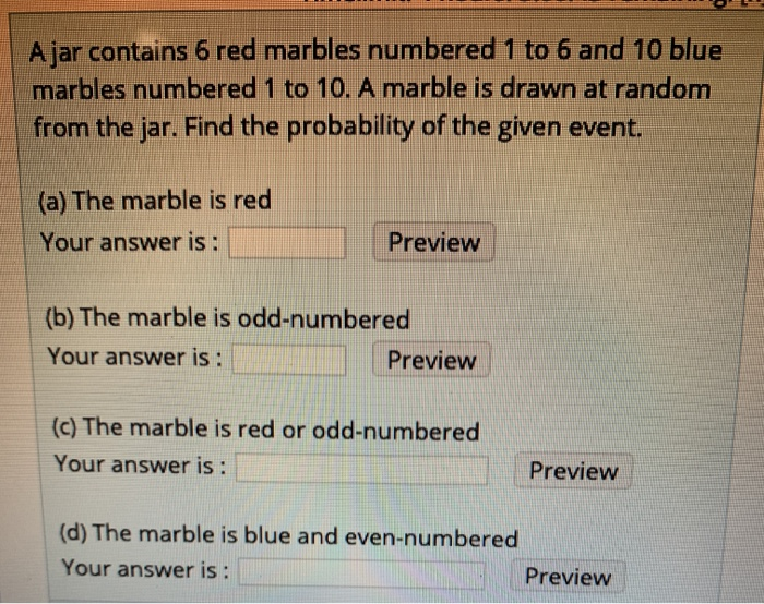 Solved Ajar contains 6 red marbles numbered 1 to 6 and 10 | Chegg.com