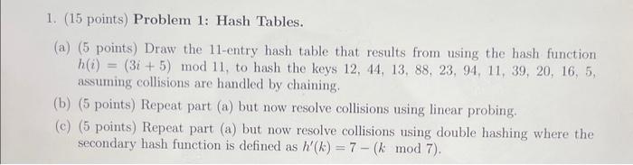 Solved 1. (15 points) Problem 1: Hash Tables. (a) (5 points) | Chegg.com