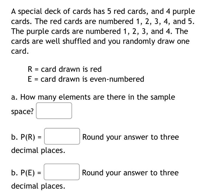 Solved A special deck of cards has 5 red cards, and 4 purpl | Chegg.com