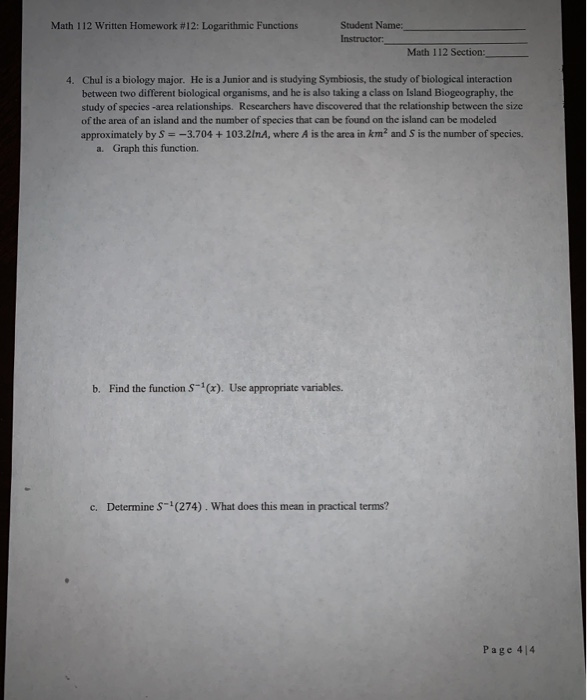Solved Math 112 Written Homework #12: Logarithmic Functions | Chegg.com