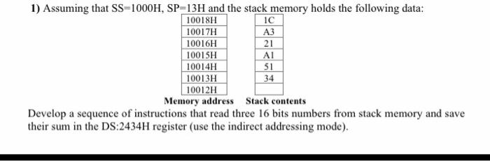 Solved 1) Assuming that SS=1000H,SP=13H and the stack memory | Chegg.com