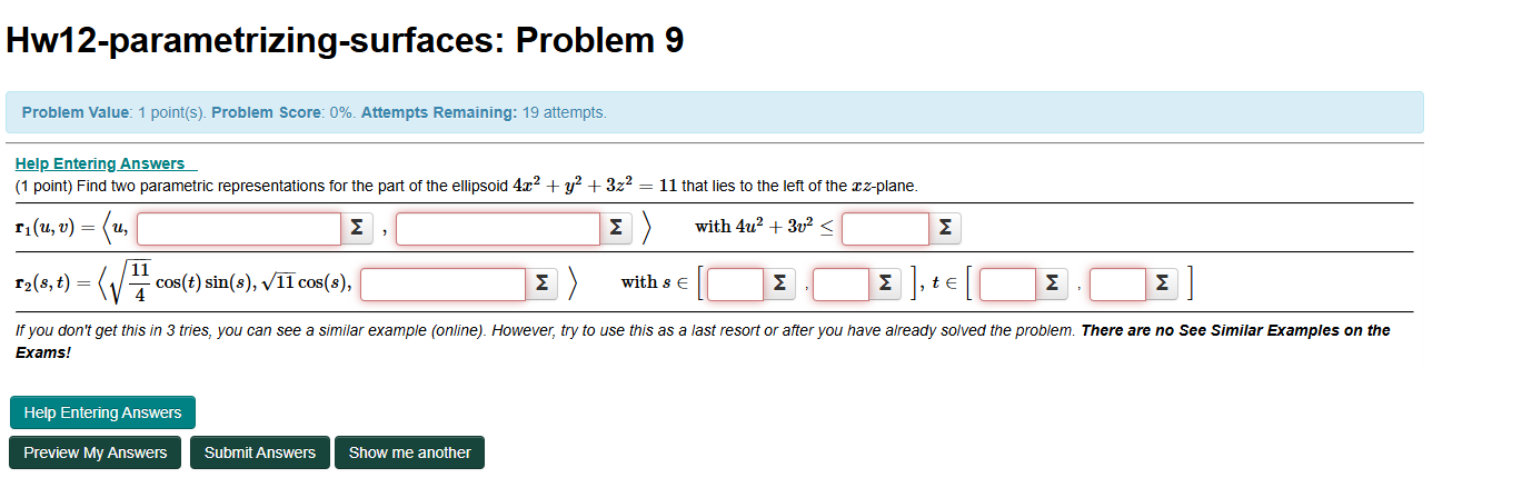 Solved Hw12-parametrizing-surfaces: Problem 9Problem Value: | Chegg.com