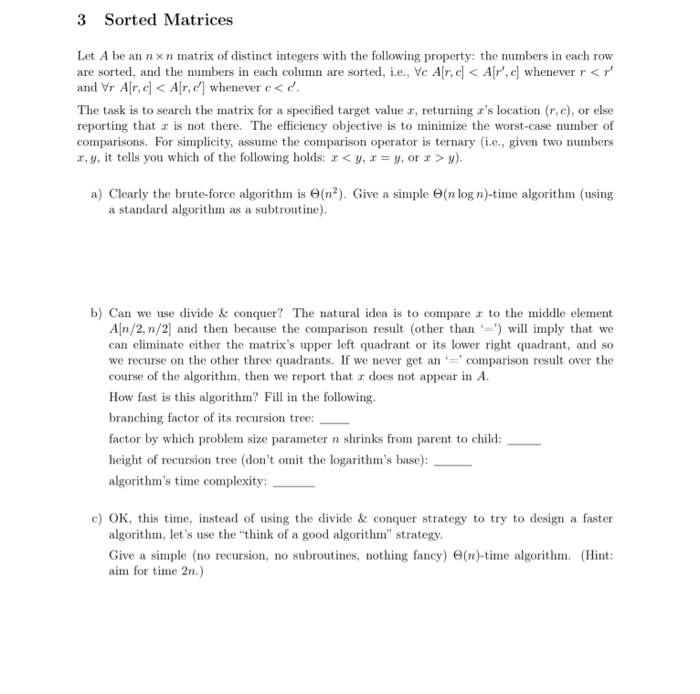 Solved 3 Sorted Matrices Let A be an nxn matrix of distinct | Chegg.com