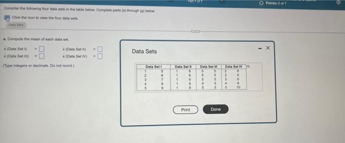 Solved Consider the following four data sets in the table | Chegg.com