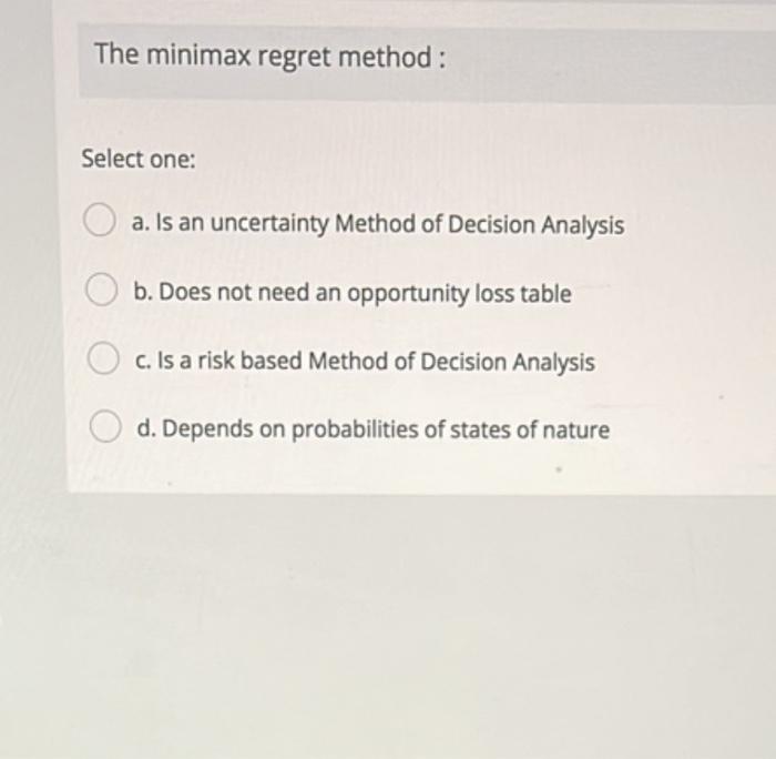 Solved The minimax regret method : Select one: a. Is an | Chegg.com