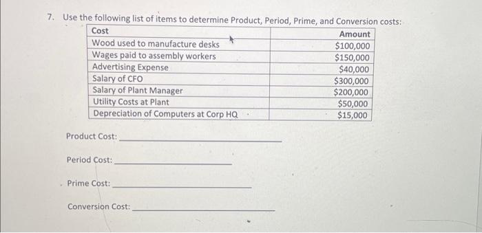Solved 7. Use the following list of items to determine | Chegg.com