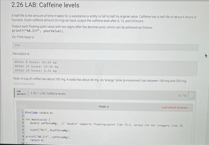 Solved 2.26 LAB: Caffeine levels A half-life is the amount | Chegg.com