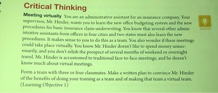 Solved DONATION Critical Thinking Meeting virtually You are | Chegg.com